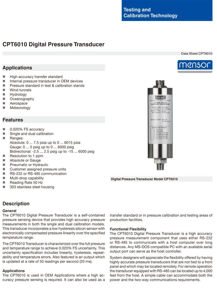 Digital Pressure Transducer (Model CPT6010) | jungjinsystem